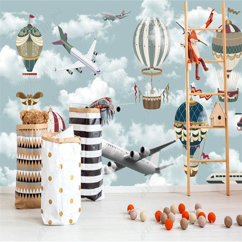 Custom cartoon hydrogen balloon airplane mural home decor wall paper ...