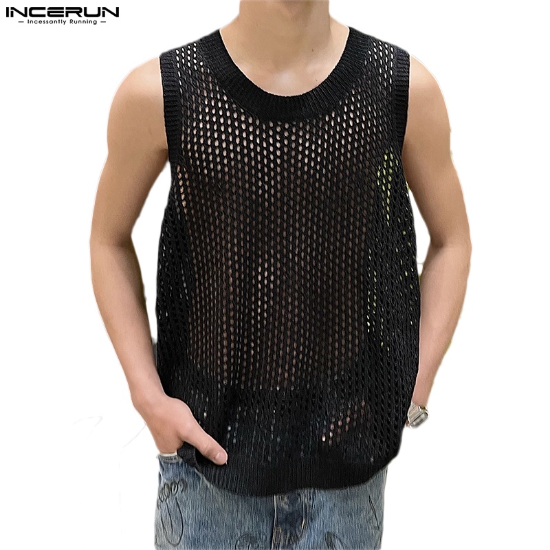 INCERUN Men Korean Round Neck Sleeveless Cut-Out Mesh Knitted Tanks ...