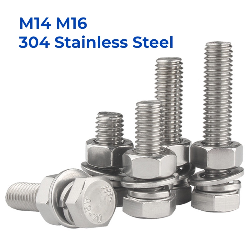 M14 M16 304 Stainless Steel Hex Head Screws Nuts Flat Washers Lock Washers Kits Long Hexagon ...