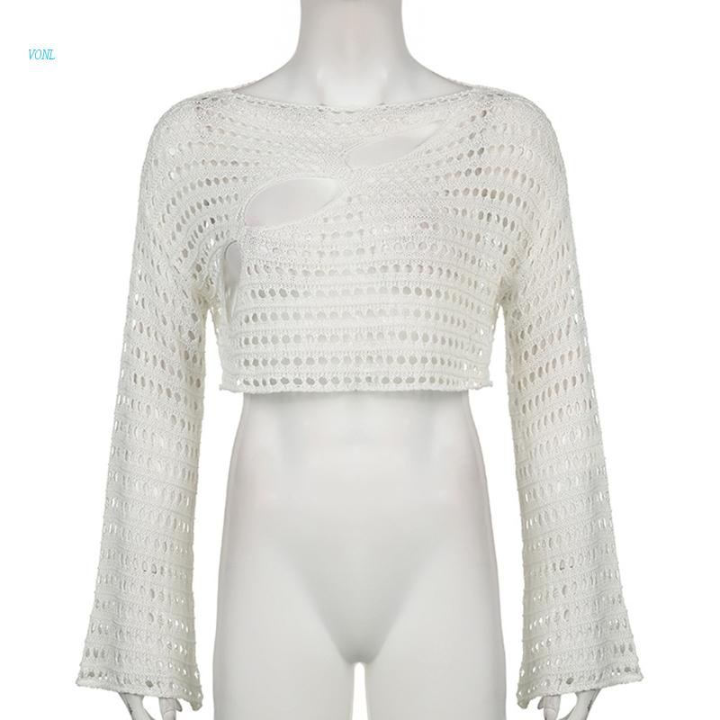 Vonl Women Flare Long Sleeve Mesh Cover Up Crop Top Crochet Ripped Hole ...