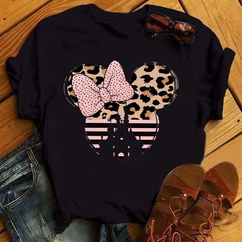 Minnie Mouse Leopard Print T Shirt Women 90s Kawaii Disney Tops Black