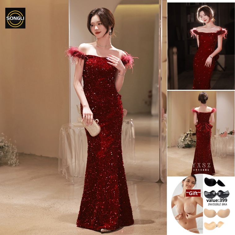 Red Fishtail Evening Dress High end Bride One Shoulder Premium Sequin ...