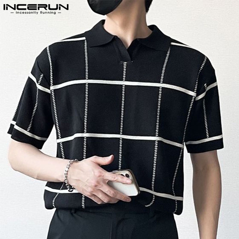 INCERUN plaid knit casual lapel top POLO Shirts | Shopee Philippines