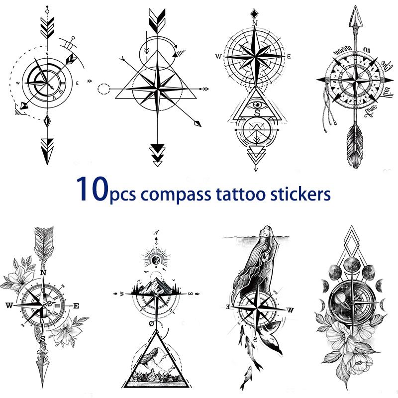 10pcs Black Color Compass Temporary Tattoo Stickers Small Neck Arm Fake ...