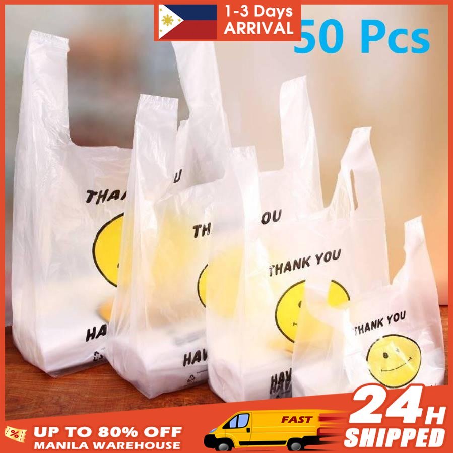 50pcs Clear Plastic Carry Bag Smiley Face Plastic Bag Supermarket ...