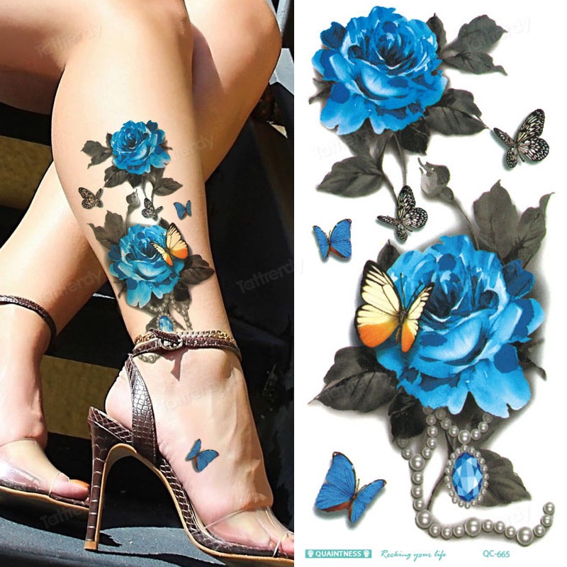 Beauty Flower Blue Red Rose Waterproof Temporary Tattoo Body Art Arm ...