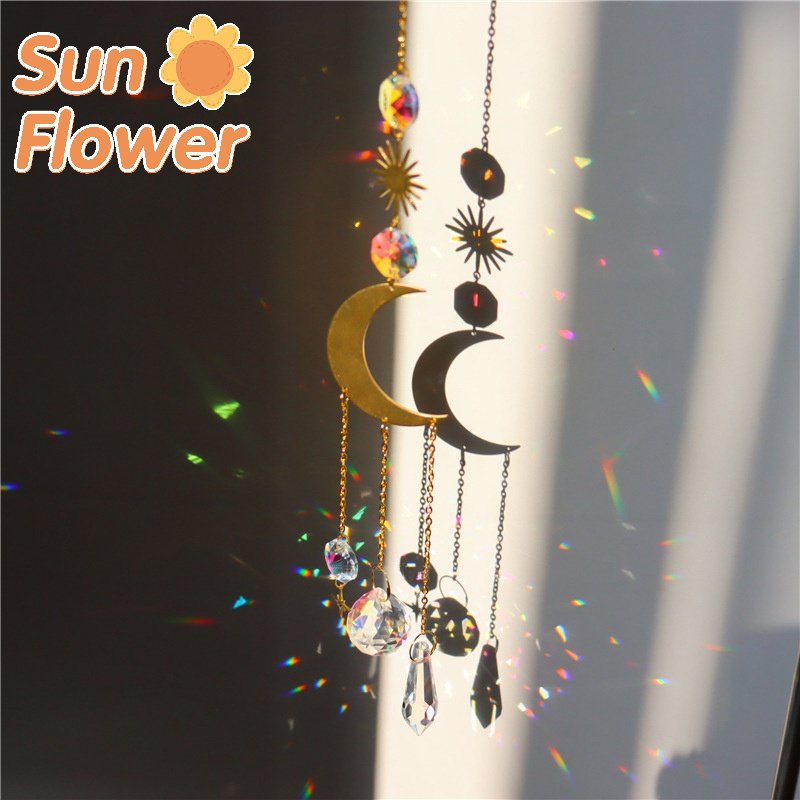 Hanging Pendant Crystal Moon Wind Chime Sun Catcher Rainbow Prism ...