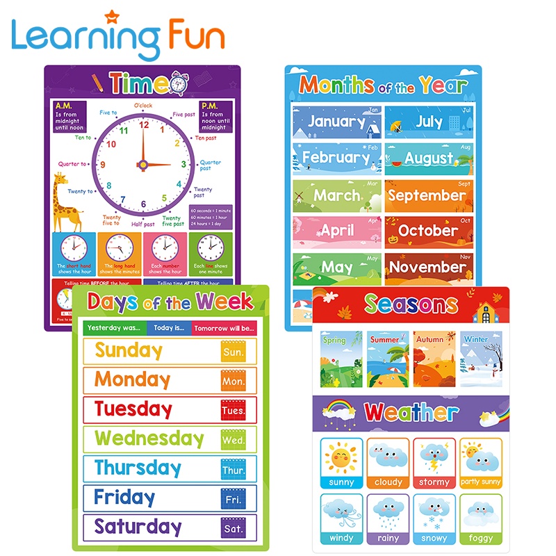 4Pcs Educational Posters for Kids Learning English Word Week Month Time ...