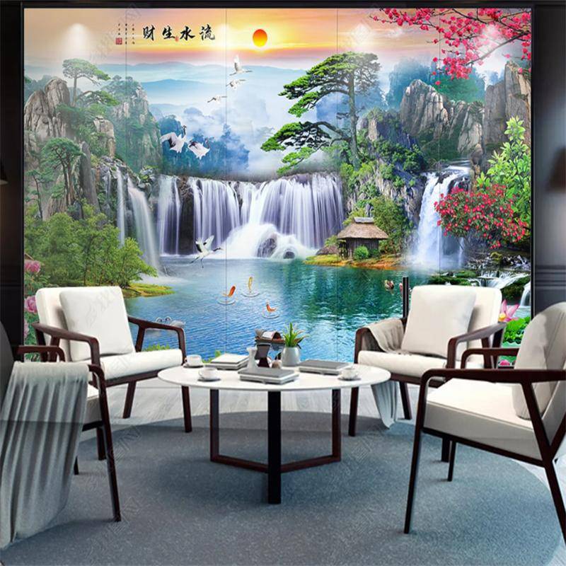 Chinese style mural custom waterfall mountain wall paper 3D wallpapers ...