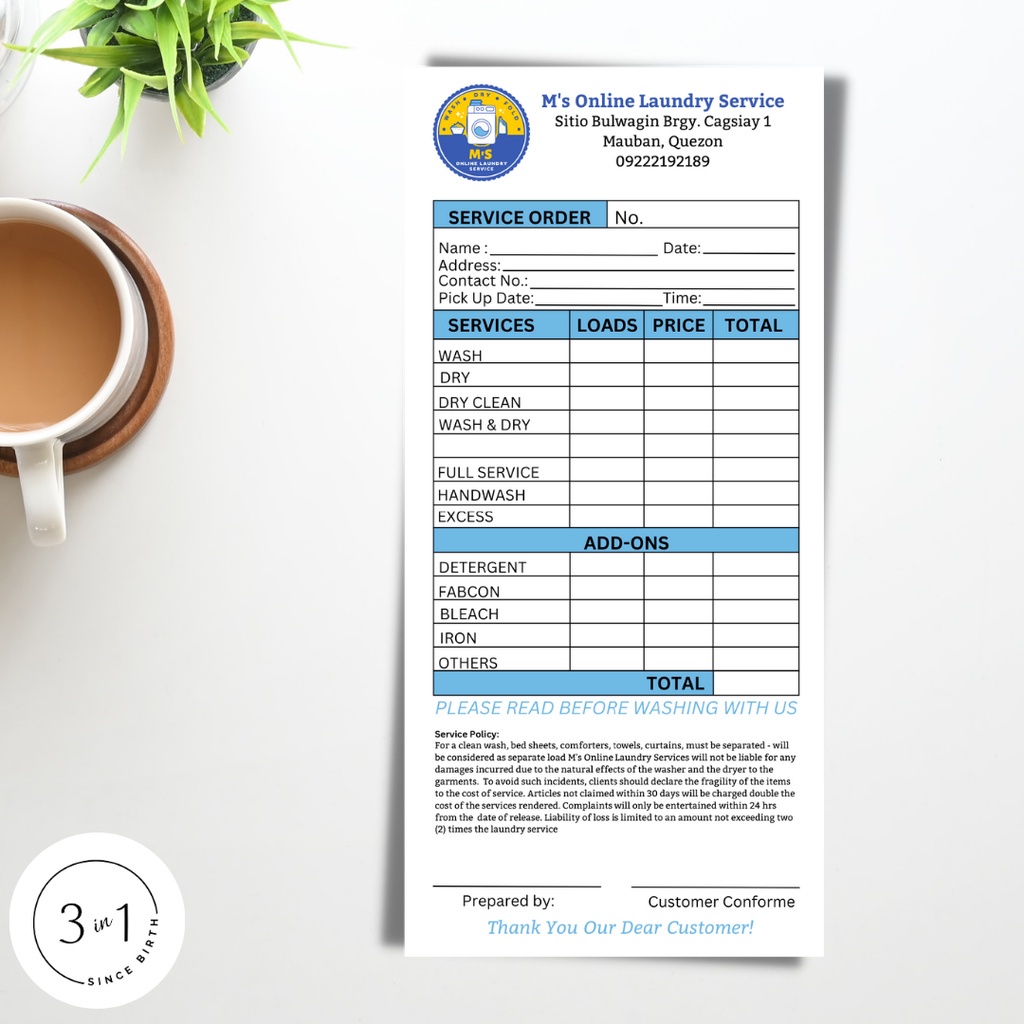 Laundry Business Acknowledgement Receipt Non Carbon Customizable Pad ...