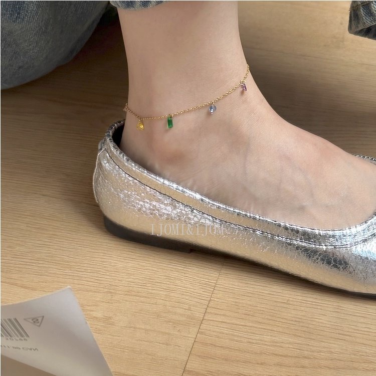 14K Gold-plated Colorful Geometric Zircon Tassel Anklets Titanium Steel ...