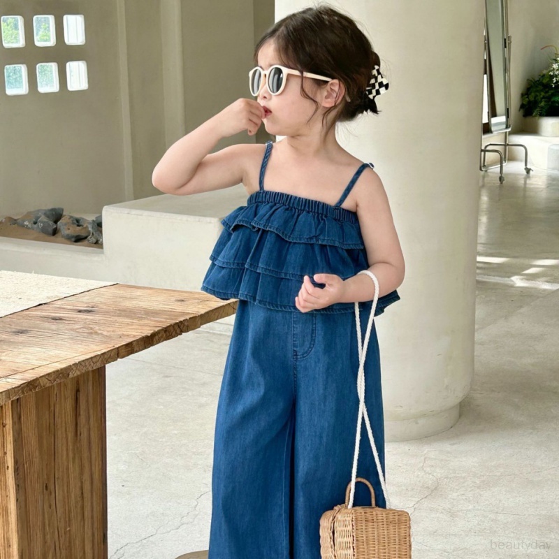 Girls' Denim Top + Loose Pants Set Summer Children's Vest+Wide-Leg ...