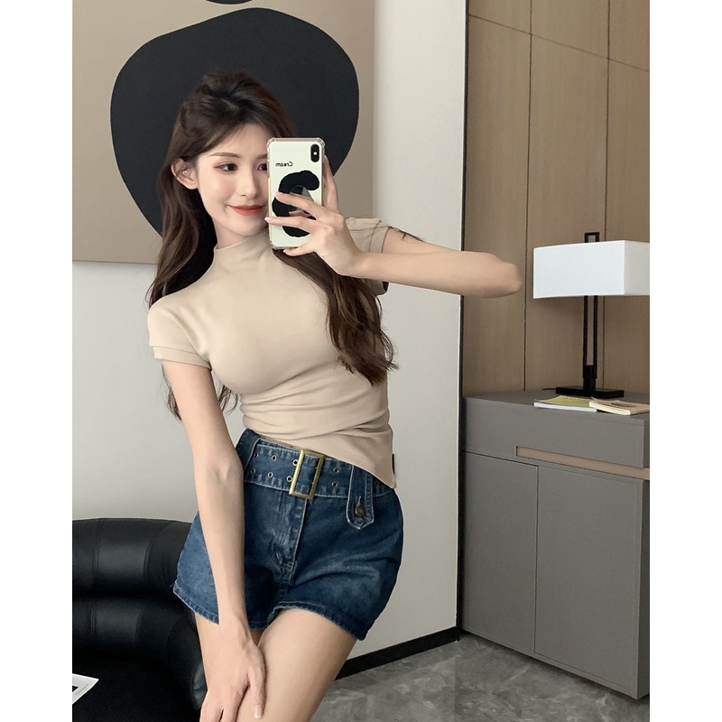 Simple Turtle Neck Plain Style Women Ladies Cotton Spandex Tshirt New ...