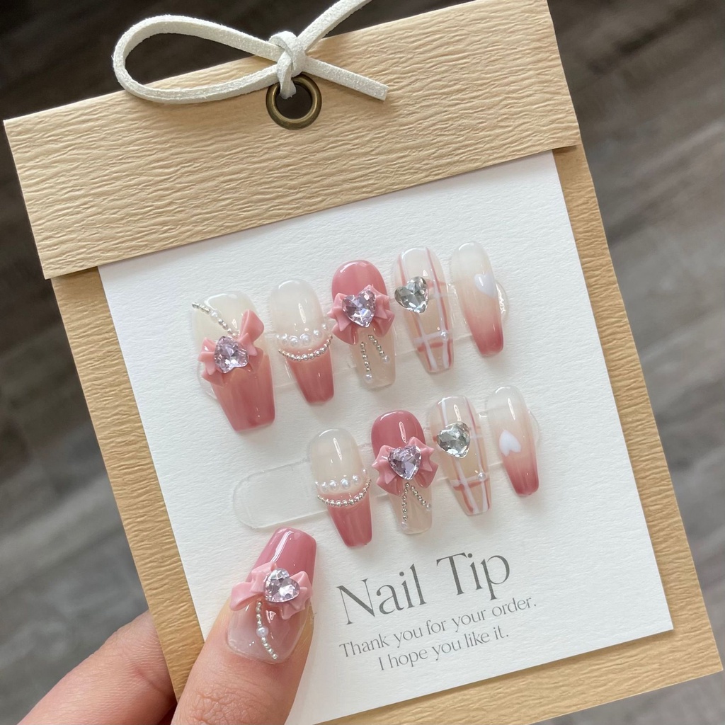 [HANDMADE]Artificial Nail Summer Cute Pink Plaid Flashing Sweet Girl ...