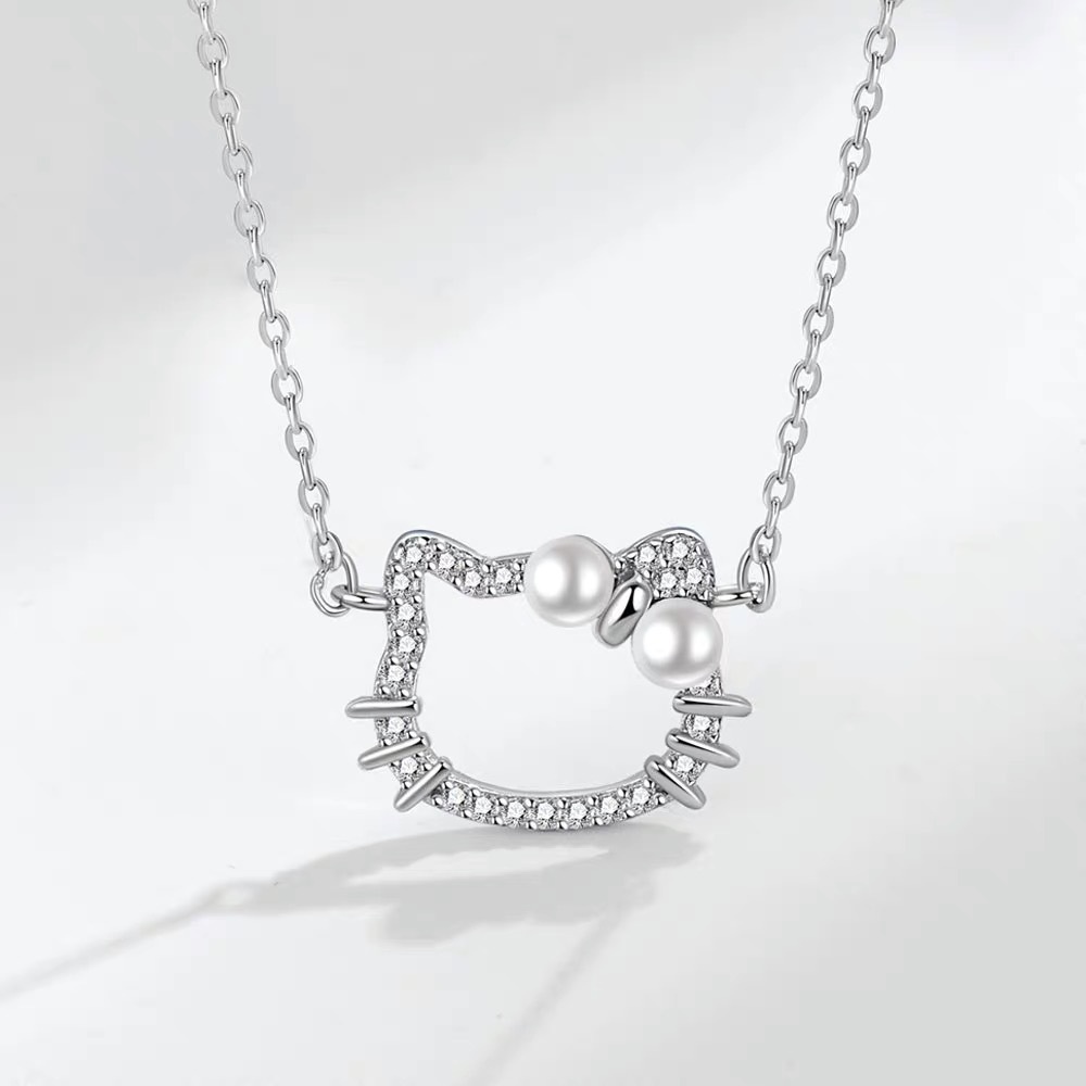 Hello kitty pearl sterling silver Necklace bow-knot 925 Silver cartoon ...