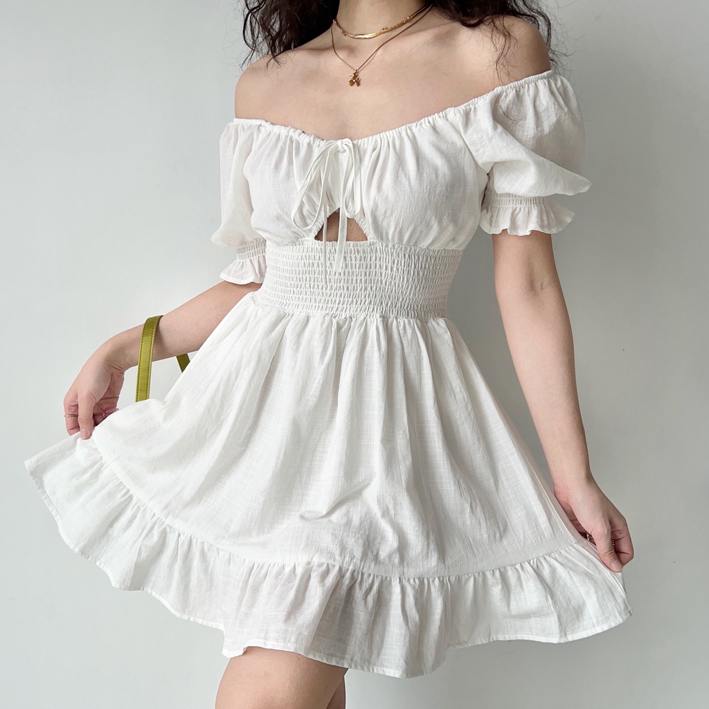 Euro-american style cotton hemp white dress U-neck lace-up hollow ...
