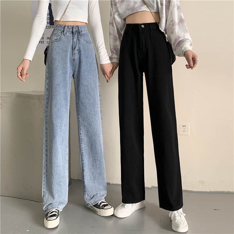 【Ready Stock】Women Korean Fashion High Waist Straight Jeans Slacks Wide ...