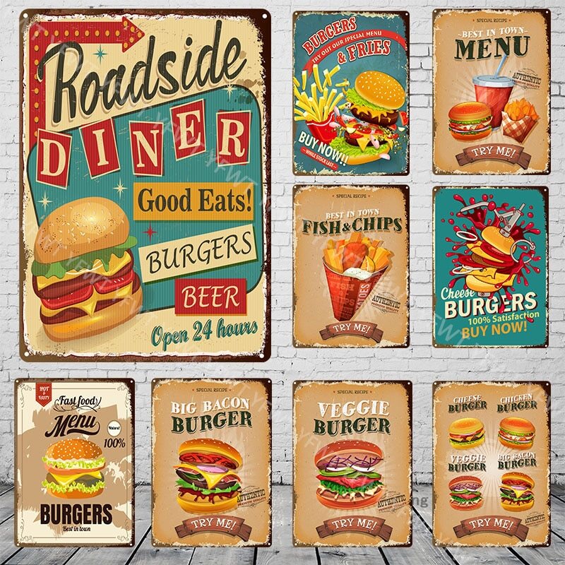 Hamburger Fast Food Plaque Metal Vintage Hamburger Tin Sign Restaurant ...