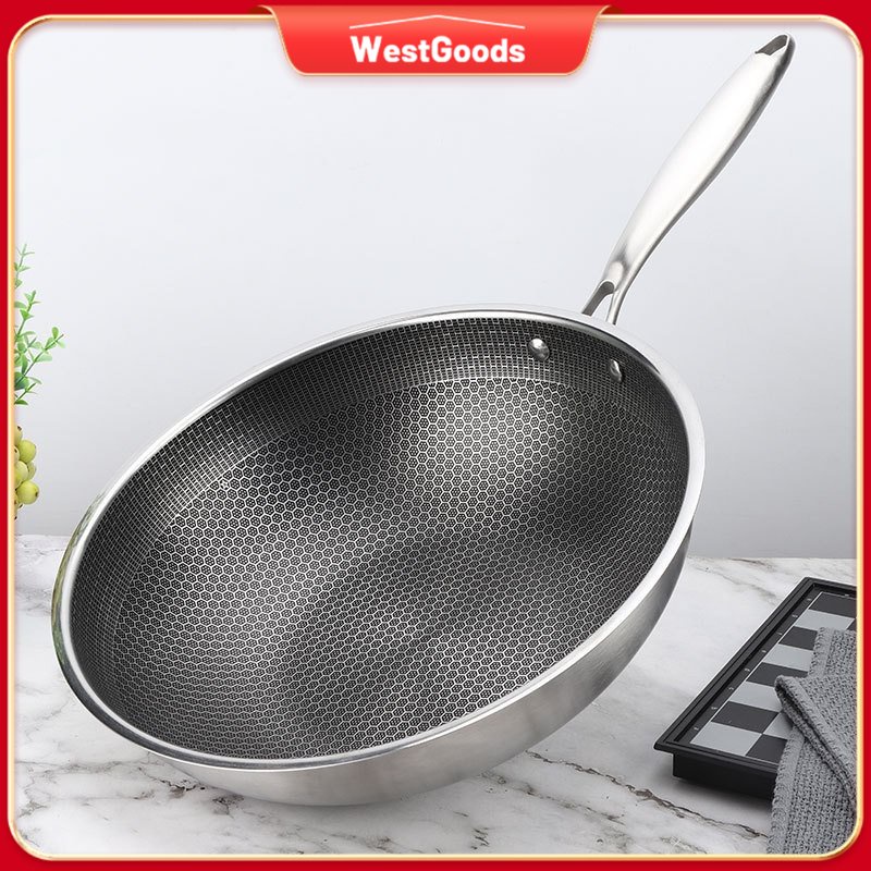 WG Honeycomb Hybrid Non-Stick Pan Kitchen Stainless Steel Cook Frying Pan Wok Pan 32CM | Shopee ...