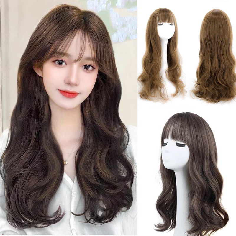 YOUJ Long Curly Hair Wig with Air Bangs Women Big Wave Natural Full ...