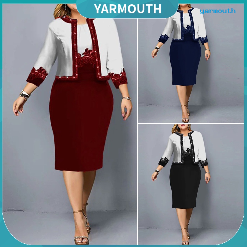 YYR--2 Pcs/Set Women Dress Coat Set Plus Size Slim Fit Three Quarter ...