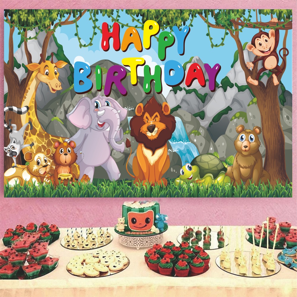 Cartoon Animal Theme Backdrop Foil Balloon Jungle Safari Forest Lion ...