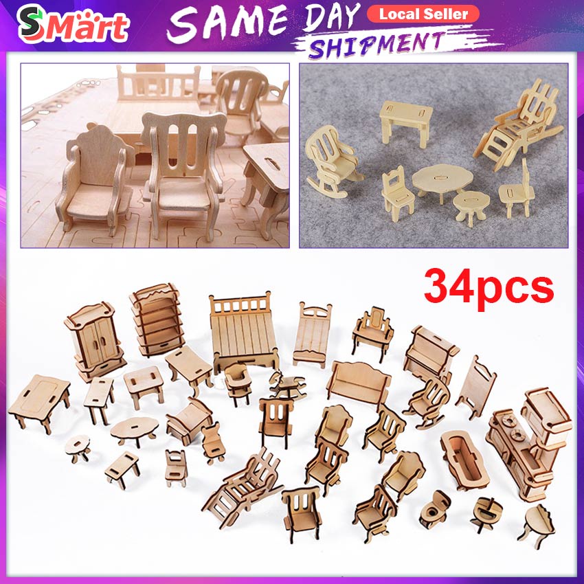 Mini Miniature 34Pcs Dollhouse Furniture for Dolls Mini 3D Wooden ...