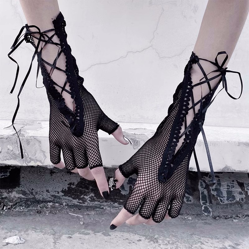 Gothic Lolita Bandage Fishnet Long Half-Finger Hand Gloves Cuff Women ...