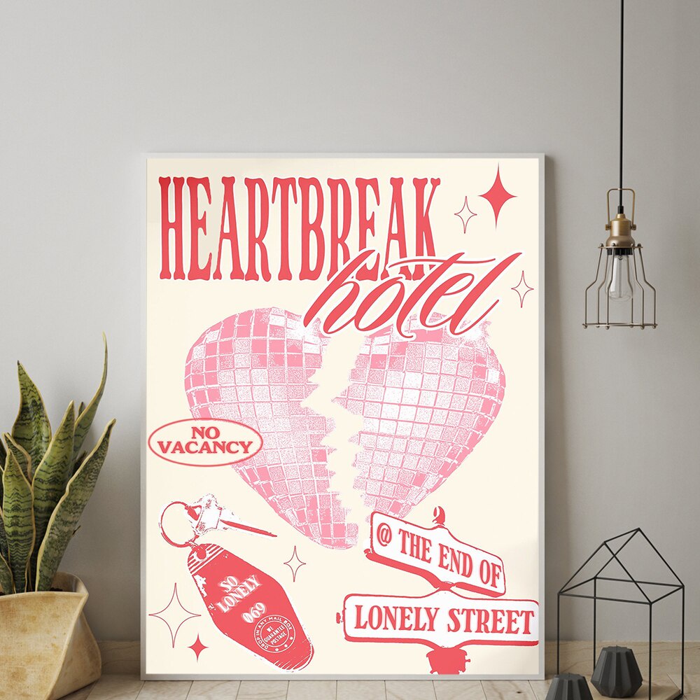 Trendy Retro Pink Heartbreak Hotel Quote Poster and Prints Canvas ...