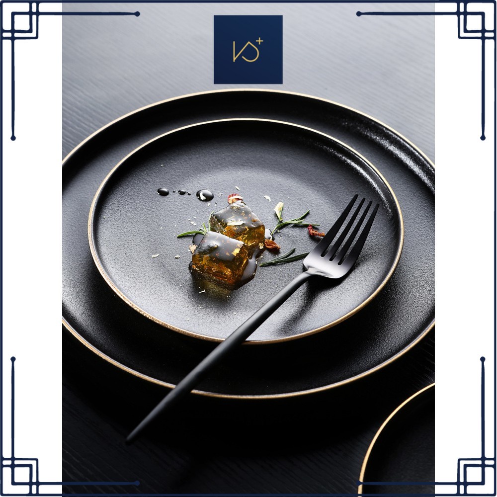 Kitchen Plus Black Stoneware Elegant Fine Dining Plate with Gold Rim ...