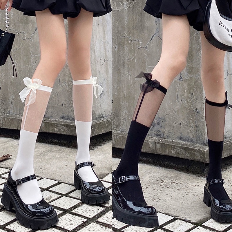 Transparent Spliced Calf Socks Japanese JK Knee Socks Sweet Bow Lolita ...