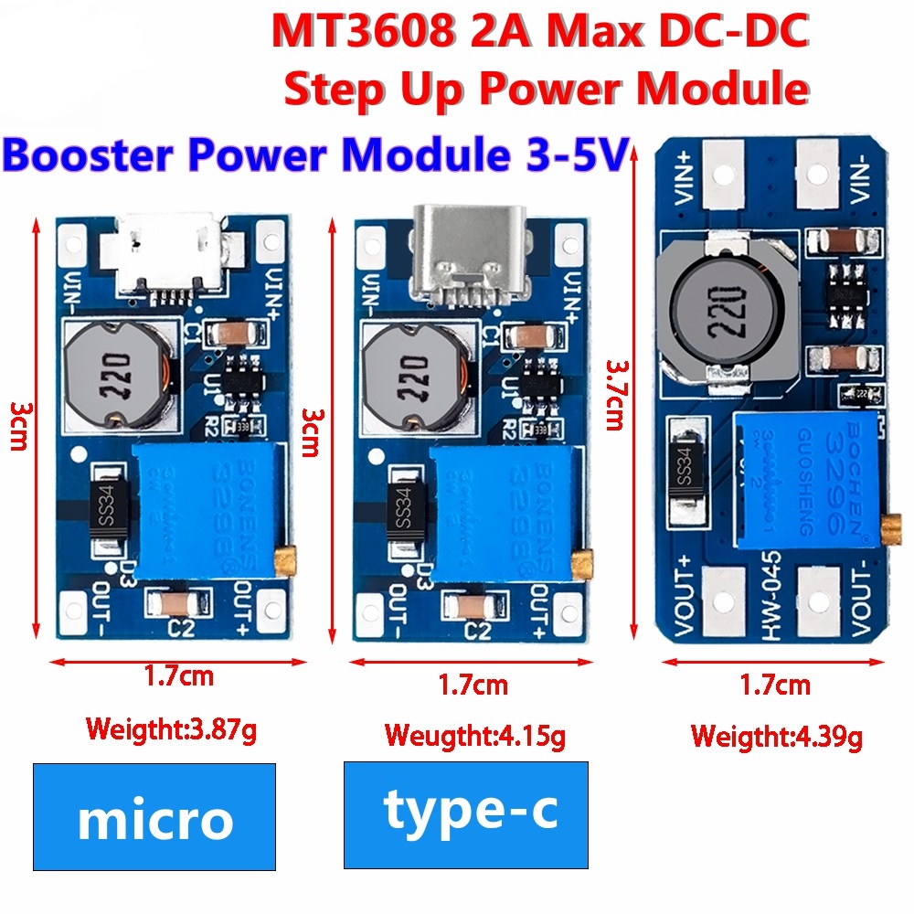 MT3608 Type-c/micro 2A Max DC-DC Step Up Power Module Boost Step-up Board MAX Output 28V 2A for ...