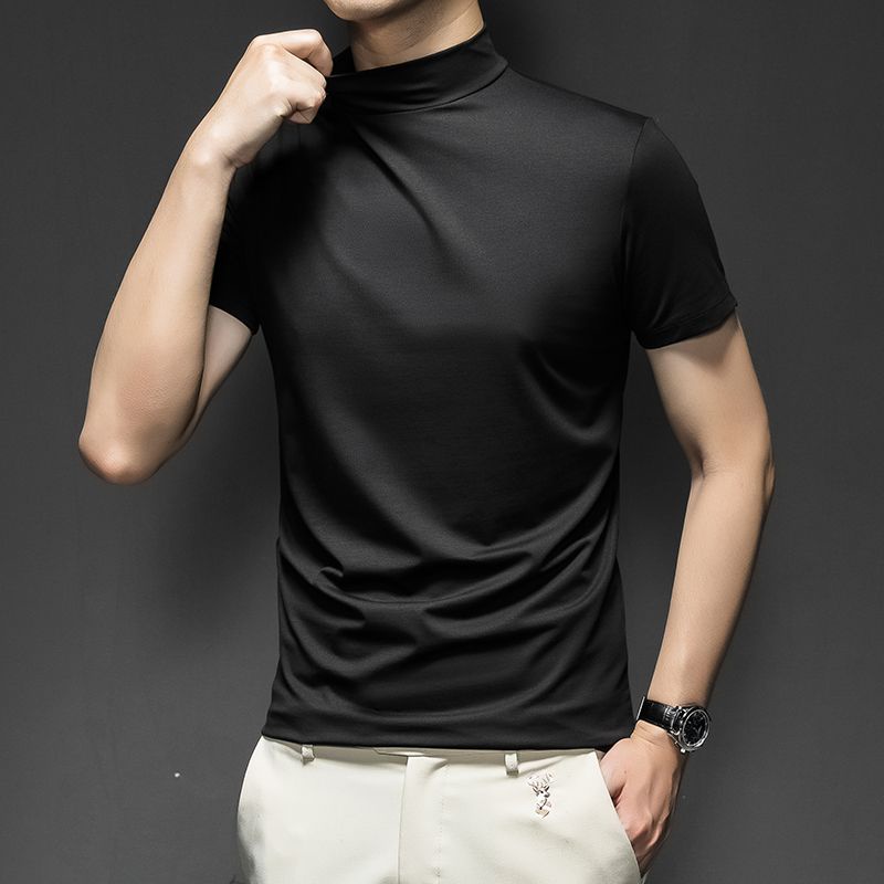 Men's Mercerized Cotton round Neck Half Turtleneck Short Sleeve T-shirt ...