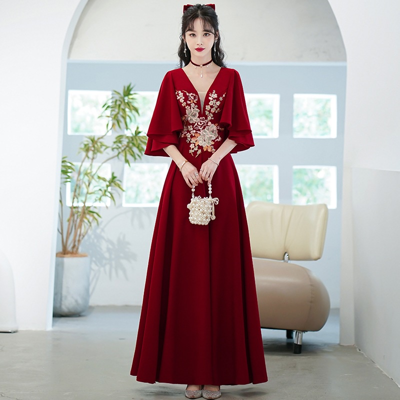 Chinese Style Bridal Wedding Toast Dress Flying Sleeve V-neck Floral ...