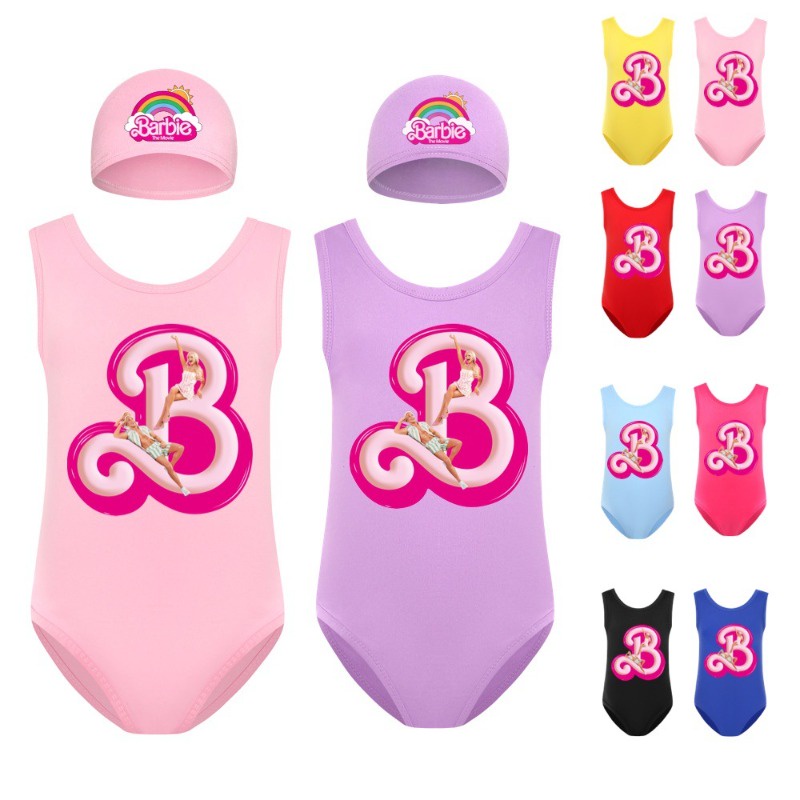 Cute Barbie Kids One Piece Swimsuit + Cap Set Summer Bikini Barbie ...