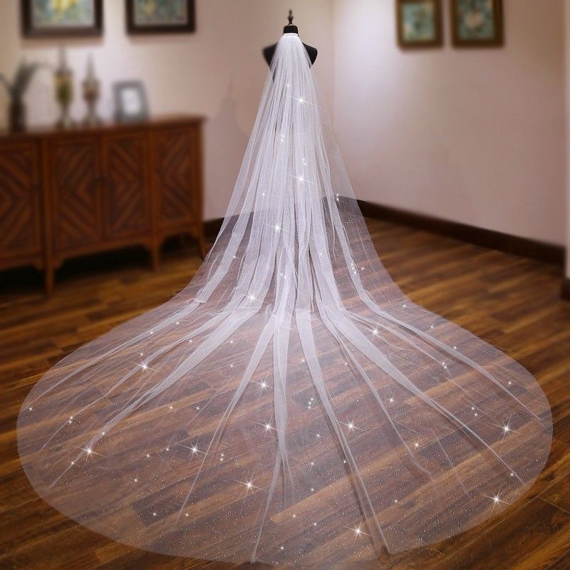 Long Bride Wedding Dress Veil Champagne Sparkling Large Tail Veil(3.5m ...