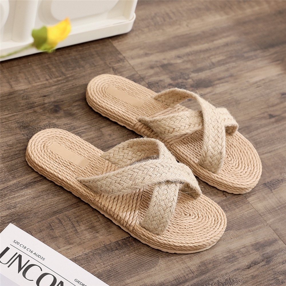 Ethnic style imitation straw-woven travel linen women's sandals Korean ...