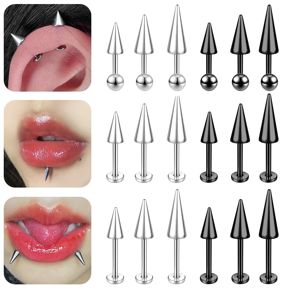 1 PC 6/8/10MM Punk Long Spike Stainless Steel Labret Piercing Demon Elf ...