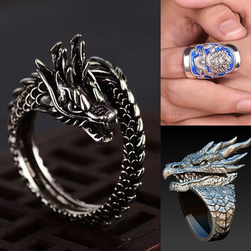 Retro Silver Dragon Head Animal Crystal Men's Punk Fashion Jewelry ...