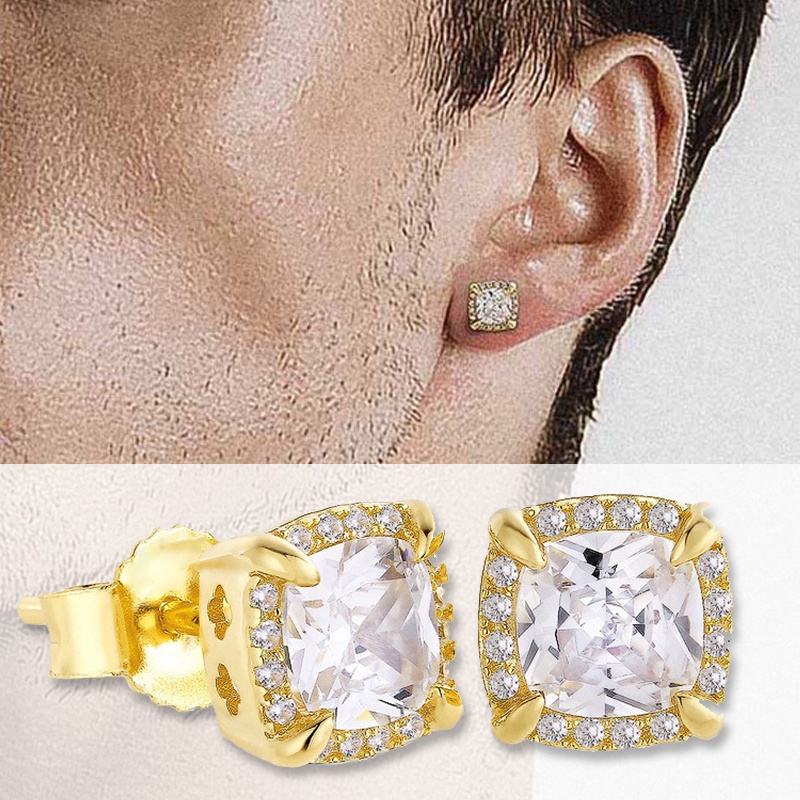Gold Plated Men's Hip Hop Earrings Minimalist 4 Claws AAA+ Cubic ...