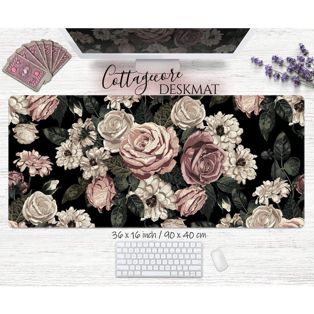 Cottagecore Deskmat Pink Roses xxl mousepad, cute pink flowers desk pad ...