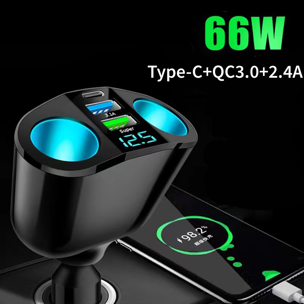 66W USB Type C Car Charger QC3.0 Fast Charging Dual Car Cigar Lighter ...