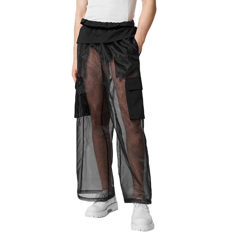 MR Men Vintage Drawstring Ruffle Waist Mesh See-Through Loose Wide Leg ...