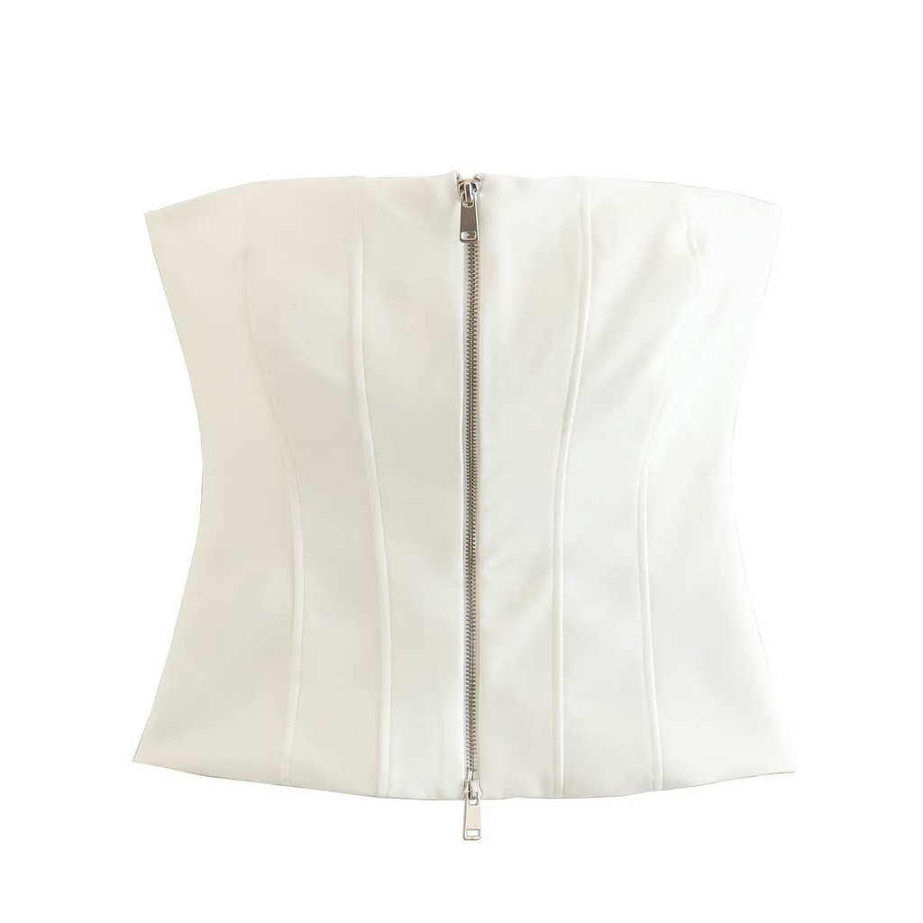 One-word Collar Solid Color Pleated Slim Zipper Design Tube Top Vest ...