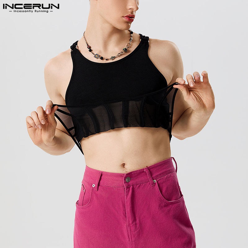 INCERUN Men's Fashion Solid Color Spliced Mesh Metal Button Sleeveless ...