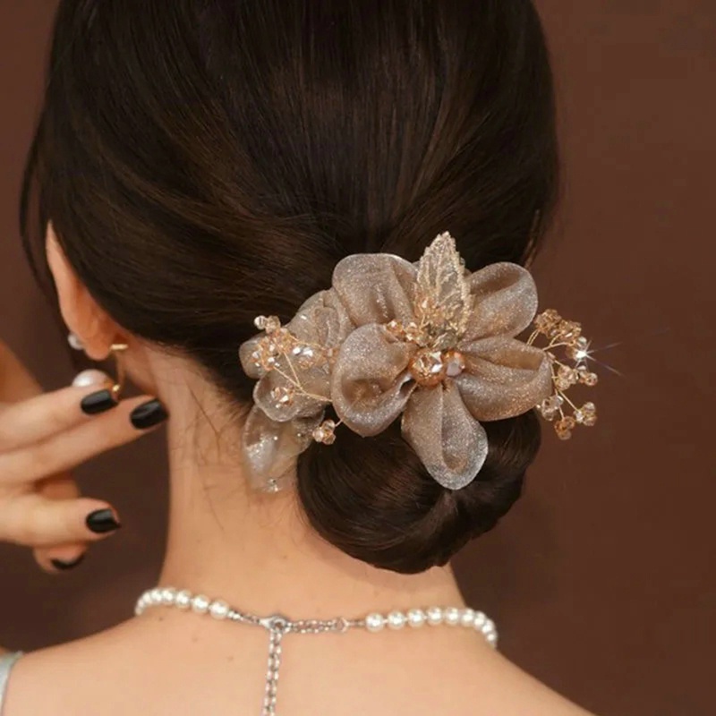 Sunflower Crystal Beaded Large Intestine Hair Ring Korean High-end Hair ...