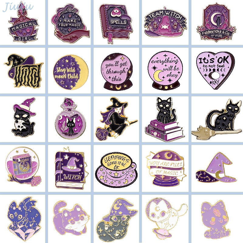Dark Witch Sets Enamel Pins Magic Crystal Spell Wizard Cat Brooch Lapel ...