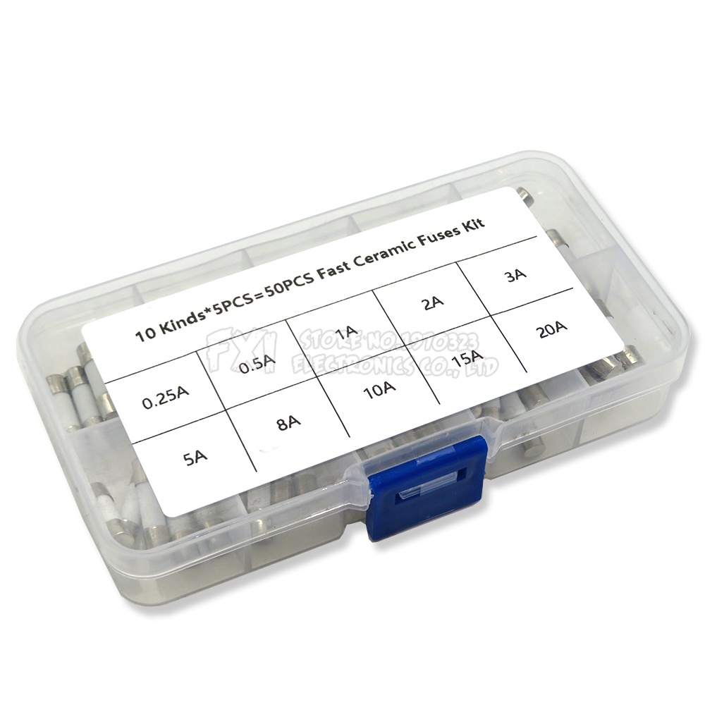 50pcs/box 10 Kinds Fast Ceramic Fuses Kit 250V 5mm x 20mm 0.25A 0.5A 1A 2A 3A 5A 8A 10A 15A 20 ...
