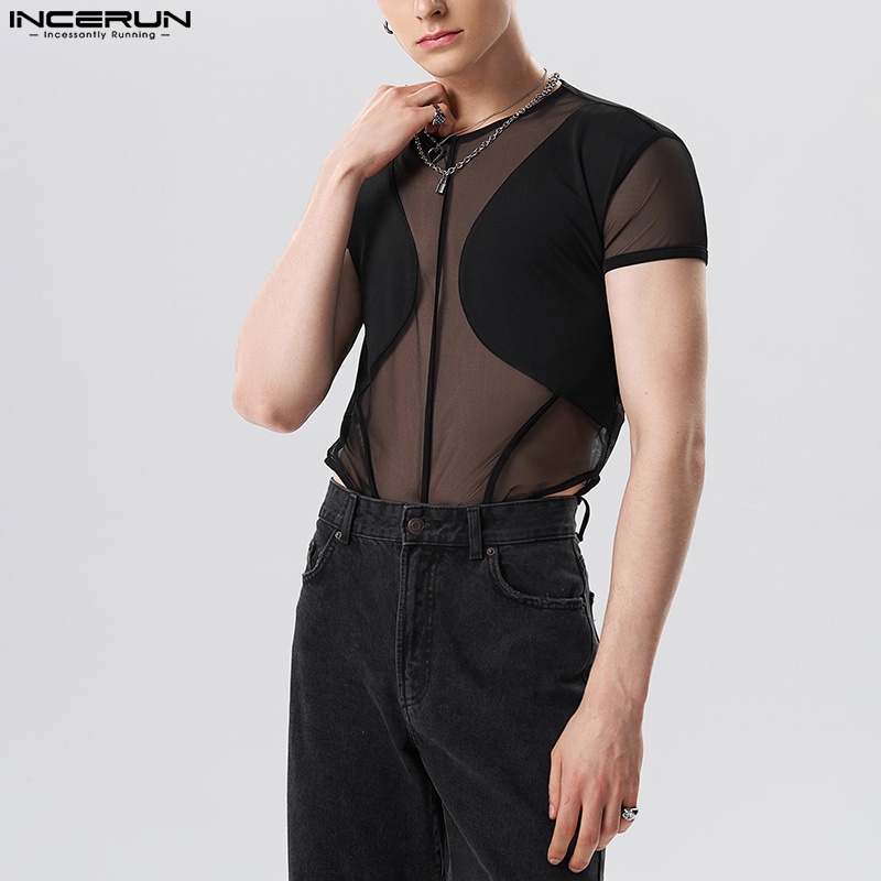 INCERUN Men's Fashion Splice Mesh Short Sleeve Bodysuit | Shopee ...