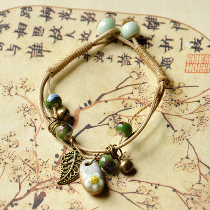 Ceramic Flower Leaf Beaded Bracelet Braided Bracelet | Shopee Philippines